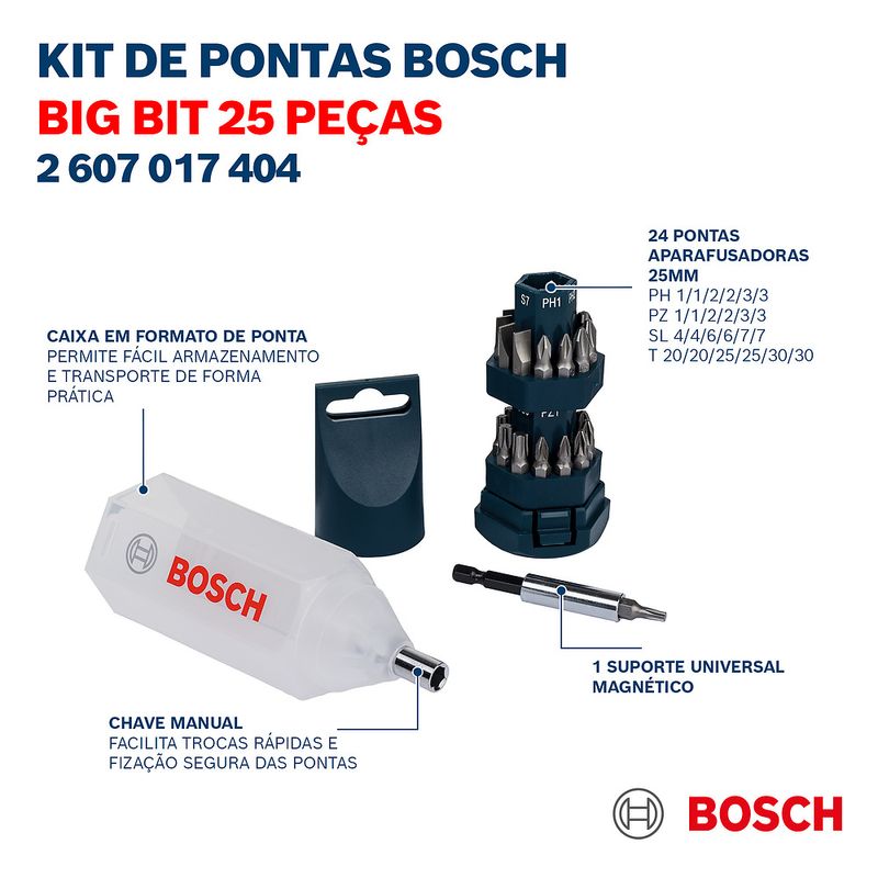 Kit de pontas Bosch Big Bit para parafusar com 25 peças Kit de pontas Bosch Big Bit para parafusar com 25 peças